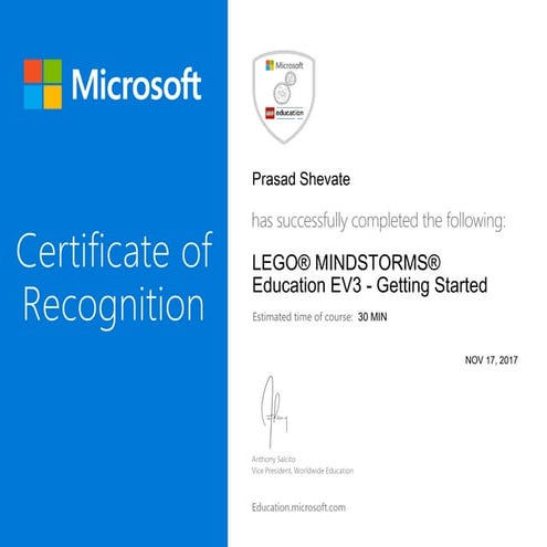 Microsoft Certificate Lego mindstorms education ev3 - getting started | PDF