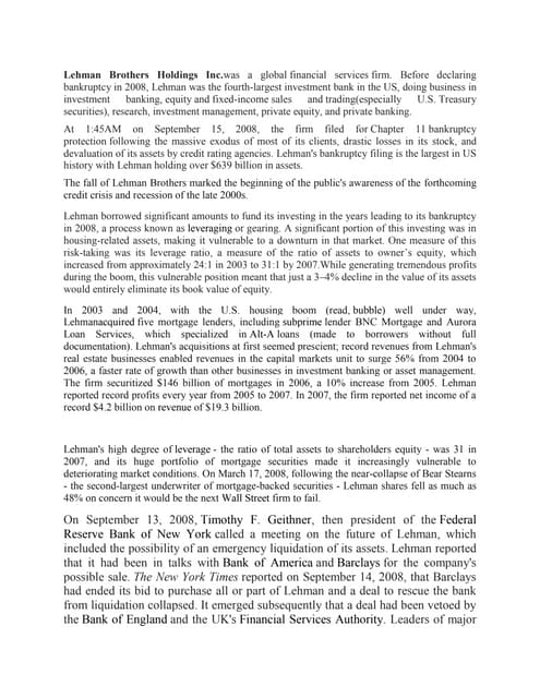 Lehman brothers | PPTX | Bankruptcy | Business Banking & Finance