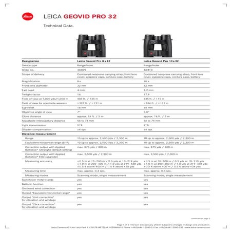Technical Data | Leica Geovid Pro | Optics Trade | PDF