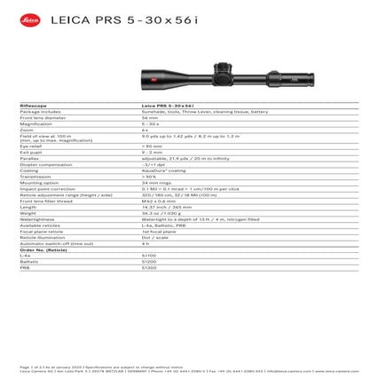 Technical Sheet | Leica PRS Rifle Scopes | Optics Trade | PDF