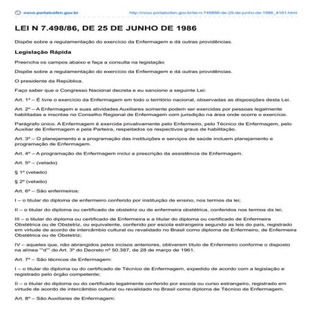 Lei n 7.498 86, que dispõe sobre o exercício da enfermagem | PDF