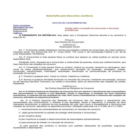 Lei 8.078 90 código de defesa do condumidor | PDF