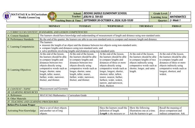 Learning Exemplar For Mathematics Quarter 2 Week 1 Pdf