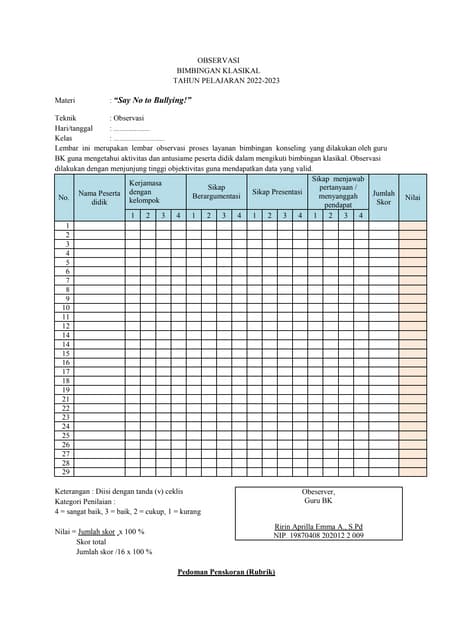 Contoh lembar instrumen evaluasi bkp | PDF