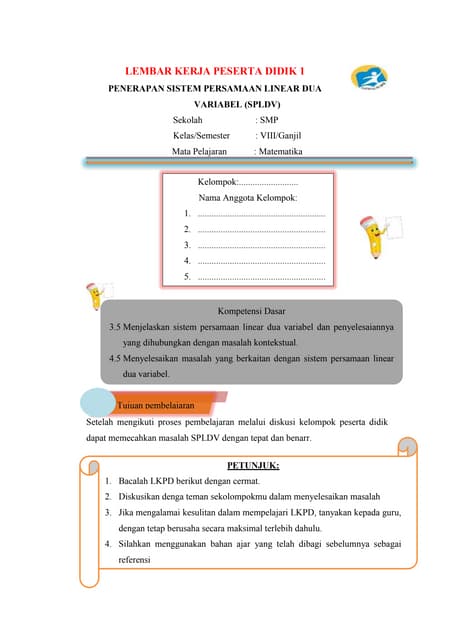 MODUL AJAR SISTEM PERSAMAAN LINEAR DUA VARIABEL (SPLDV) | PDF