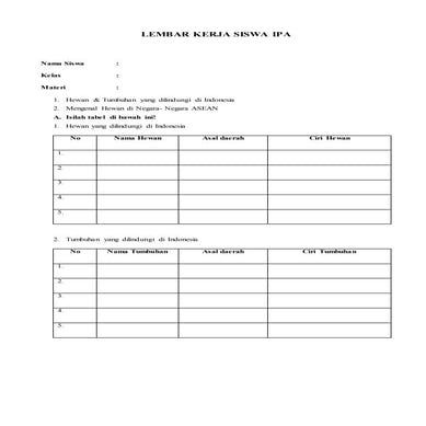 LEMBAR KERJA SISWA KELAS 6 TEMA 1 SUB TEMA 3 HEWAN & TUMBUHAN DILINDUNGI | PDF