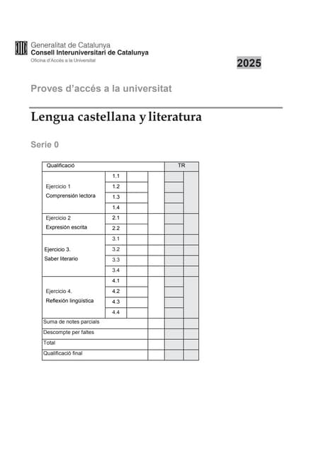 Examen de Llengua catalana i literatura de la PAU 2025 en Cataluña | PDF