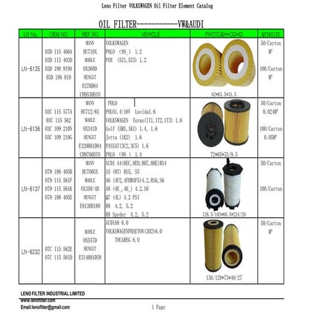 Leno filter volkswagen oil filter element catalog | PDF