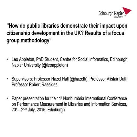 Value and impact of public libraries - Leo Appleton Northumbria July ...