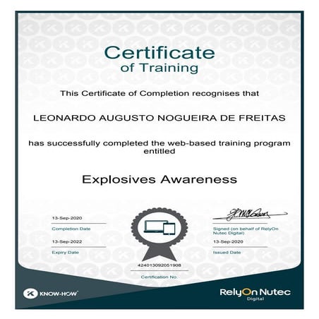 Leonardo augusto nogueira de freitas explosives awareness-certificate | PDF