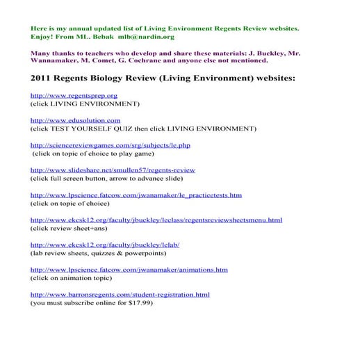 Biology - Regents Review List of Websites | DOC