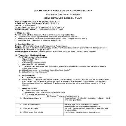 LESSON PLAN FOR COOKERY SENIOR HIGH 11, 12 | DOCX