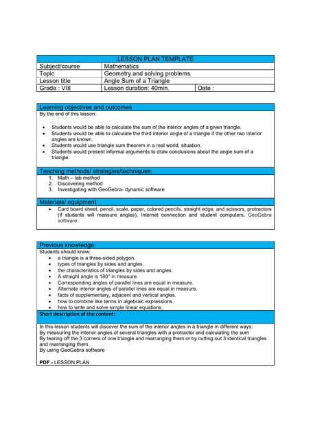 Lesson plan special angles | DOCX | Homework and Study | Education