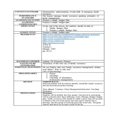 Lesson Plan TLE 6 Home Economics | PDF