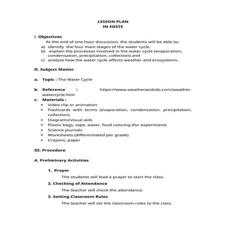Water cycle lesson plan For class 3 having time frame of 45 minutes | DOCX