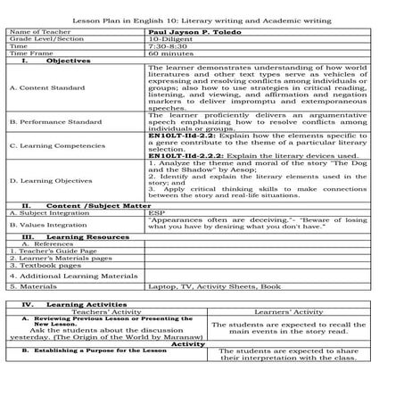 Lesson-Plan-in-English-10-BY: Sir Paulol | DOCX