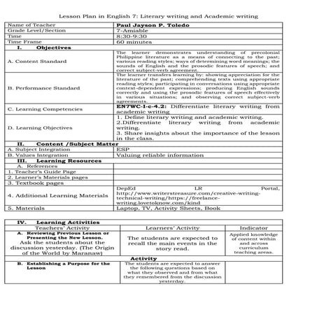 English Grade 7 Lesson Plan by: Sir PAUL | DOCX | Education