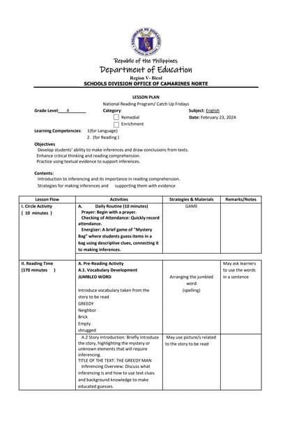 Lesson on CATCH -UP FRIDAY in Accordance to the Memo | PDF