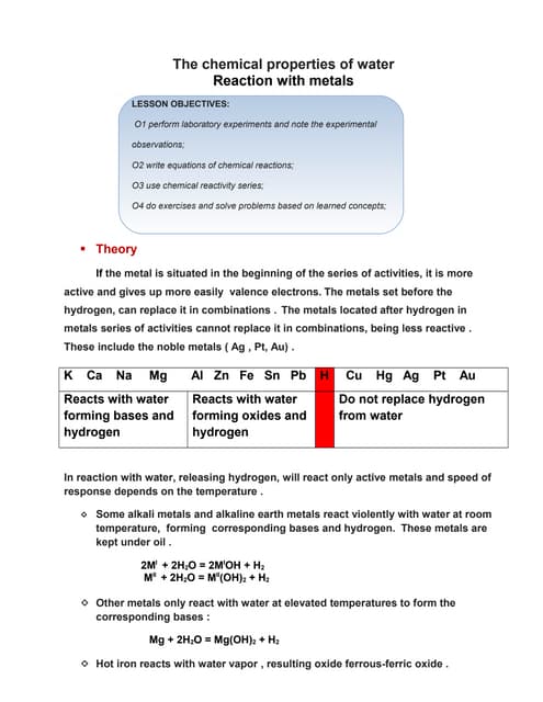 Reaction of metals with water | PPTX | Chemistry | Science