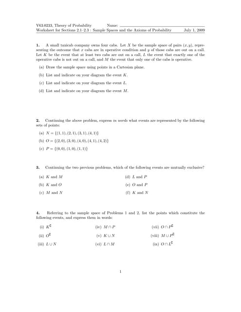 Worksheet: Sample Spaces, the Axioms of Probability (solutions) | PDF