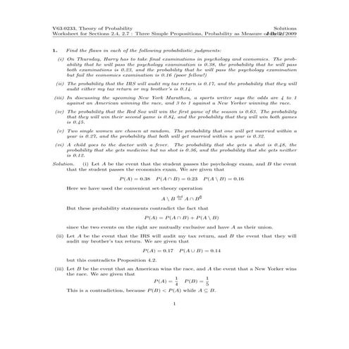 Worksheet: Three Simple Propositions, Probability as a Measure of Belief (solutions) | PDF