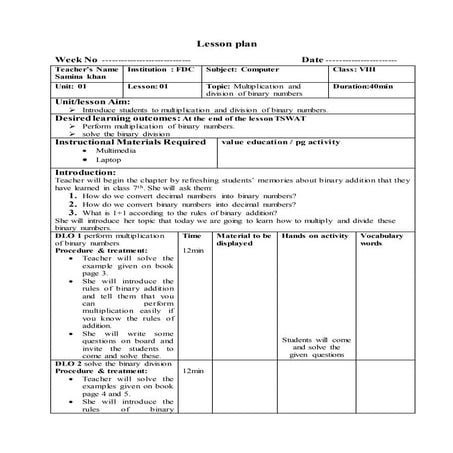 Lesson plan:Multiplication and division of binary numbers | DOCX