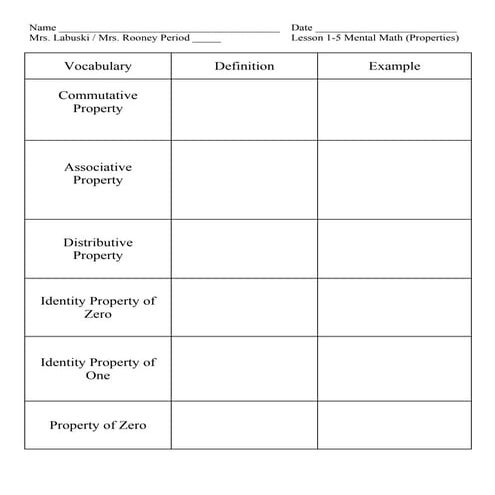 Lesson 1 5 mental math -properties | DOCX