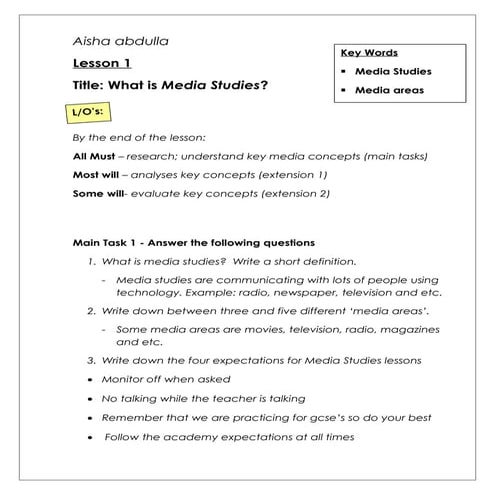 Lesson 1 intro to media worksheet | DOC
