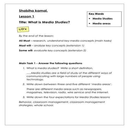 Lesson 1 intro to media worksheet | PDF