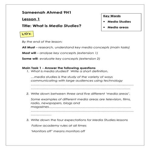 Lesson 1- Intro to Media Worksheet | PDF