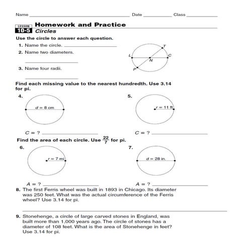 Lesson 10 5 circle homework & practice (review) | DOC