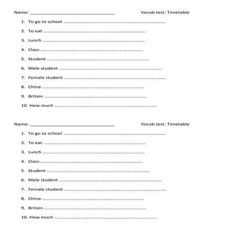 Lesson10 timetable vocab test | PDF