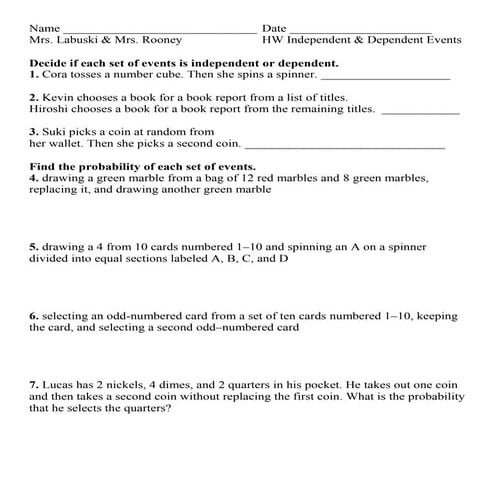Lesson 11 5 b dependent & independent events hw | DOC