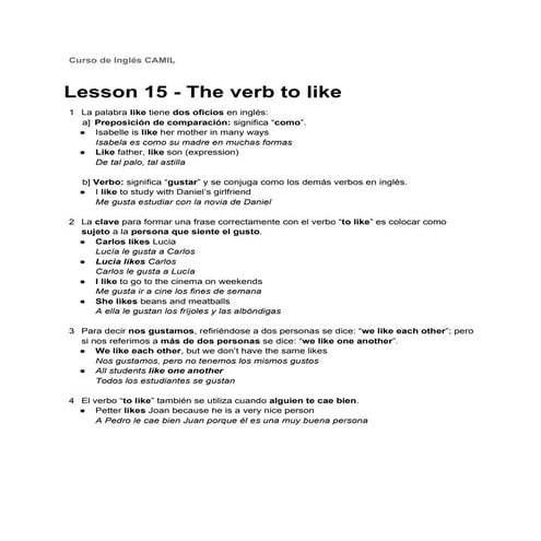 Lesson 15 the verb to like | PDF
