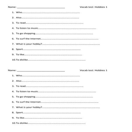 Lesson1 hobby vocab test | DOCX