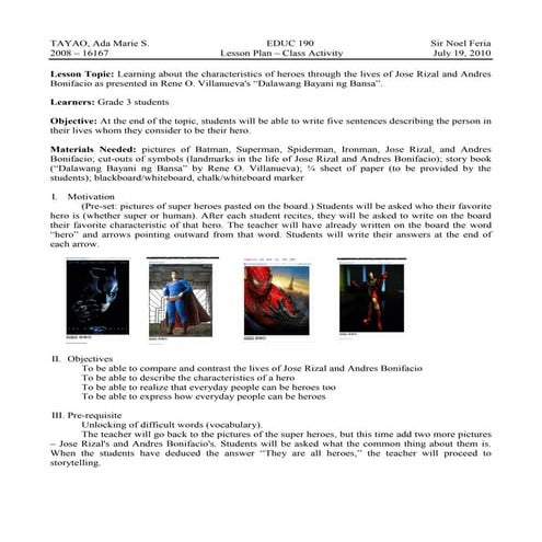 Lesson Plan for Dalawang Bayani ng Bansa by Rene O. Villanueva | PDF