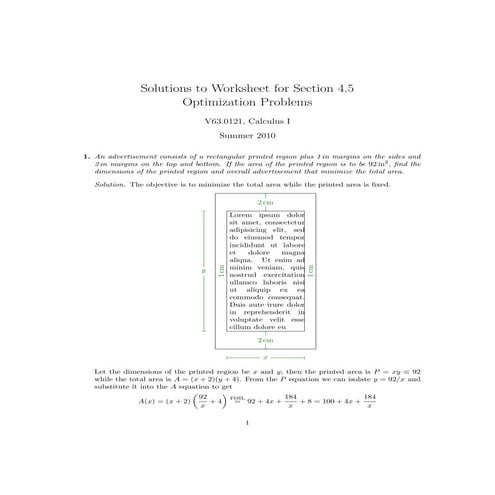 Lesson 22: Optimization Problems (worksheet solutions) | PDF