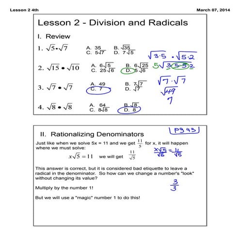 Dividing Radicals, Rationalizing the Denominator | PDF