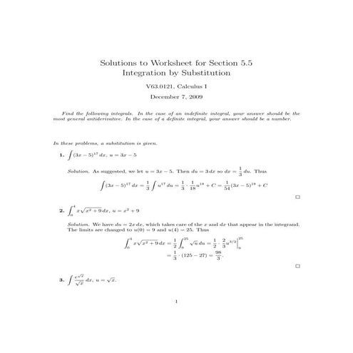 Lesson 29: Integration by Substition (worksheet solutions) | PDF ...