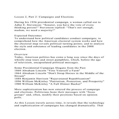 Lesson 2, Part 2 Campaigns and ElectionsDuring his 1956 presi.docx