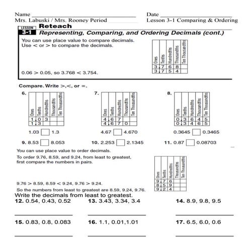 Lesson 3 1 comparing & ordering decimals | DOC | Education