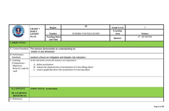 4A's SAMPLE LESSON PLAN- SPEED, TIME, & DISTANCE | PDF
