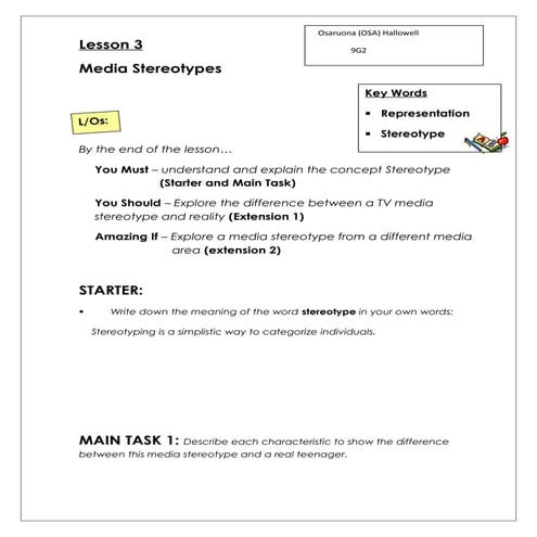 Lesson 3 media stereotypes worksheet | DOC