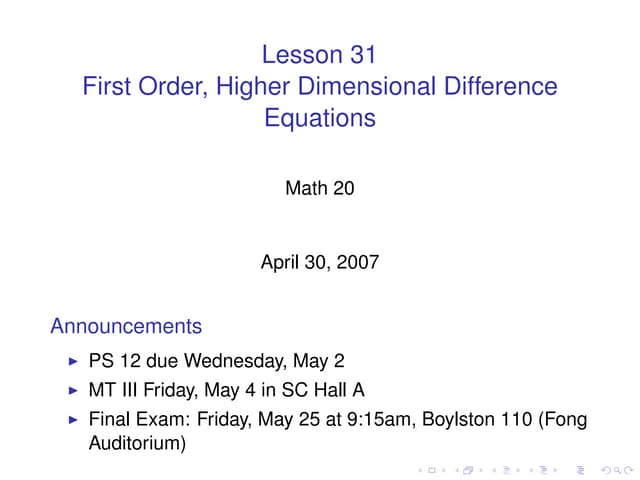 Lesson31 Higher Dimensional First Order Difference Equations Slides Pdf