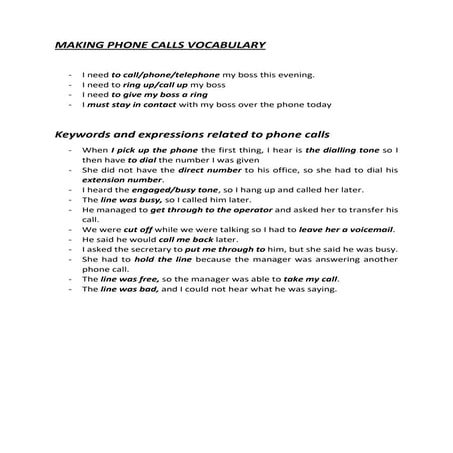 Lesson 3 phone calls vocabulary | PDF