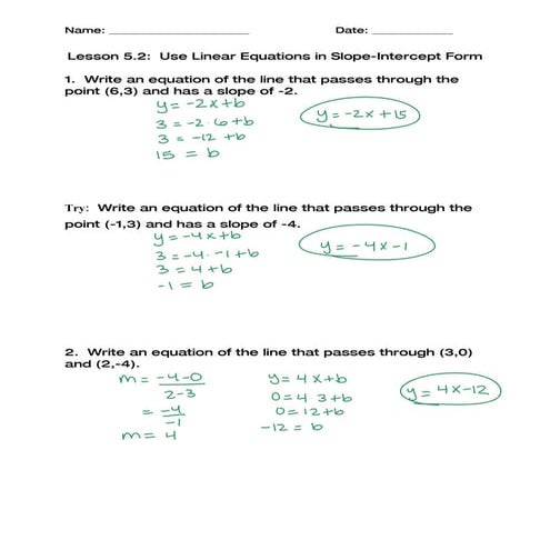 Lesson 5-2 Slope-Intercept Form | DOC