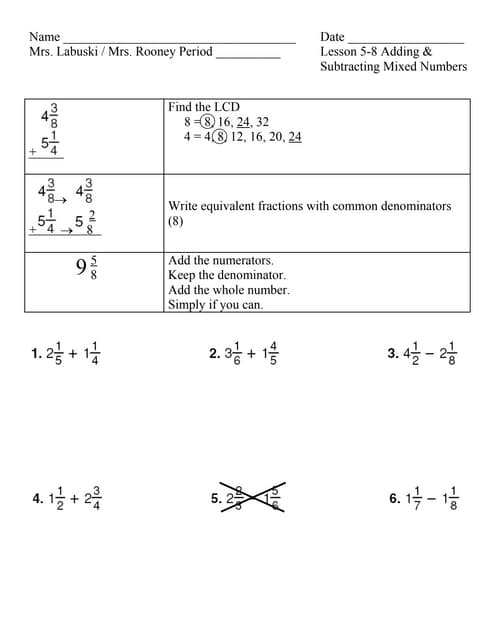 Unit 5 lesson 7 adding & subtracting mixed numbers | DOCX | Cats | Pets