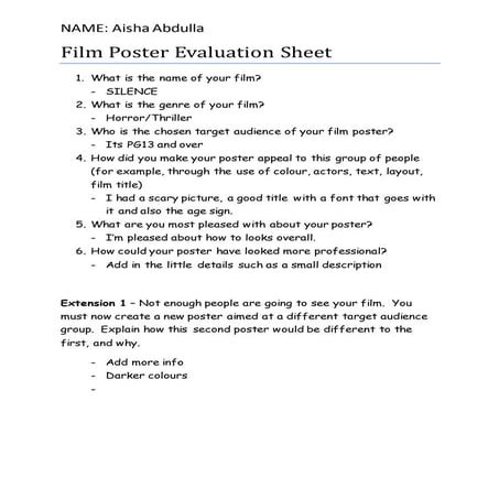 Lesson 5 audience 2 film poster evaluation sheet | PDF
