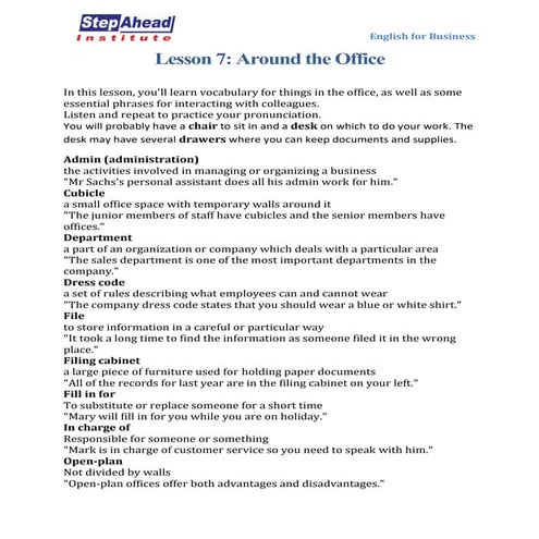 Lesson 7 - Sentences use around the office in English | PDF