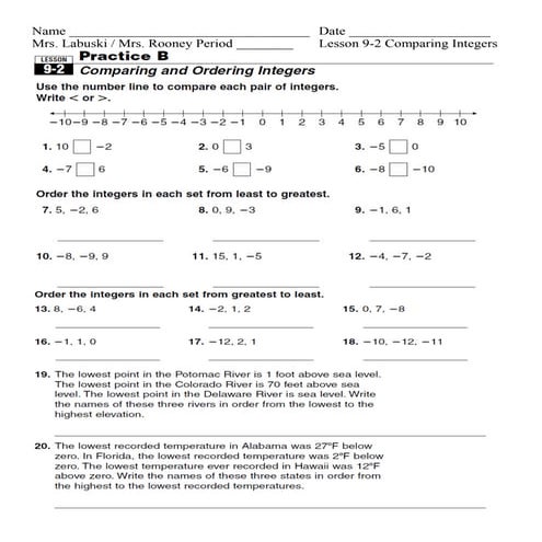 Lesson 9 2 comparing integers | DOCX